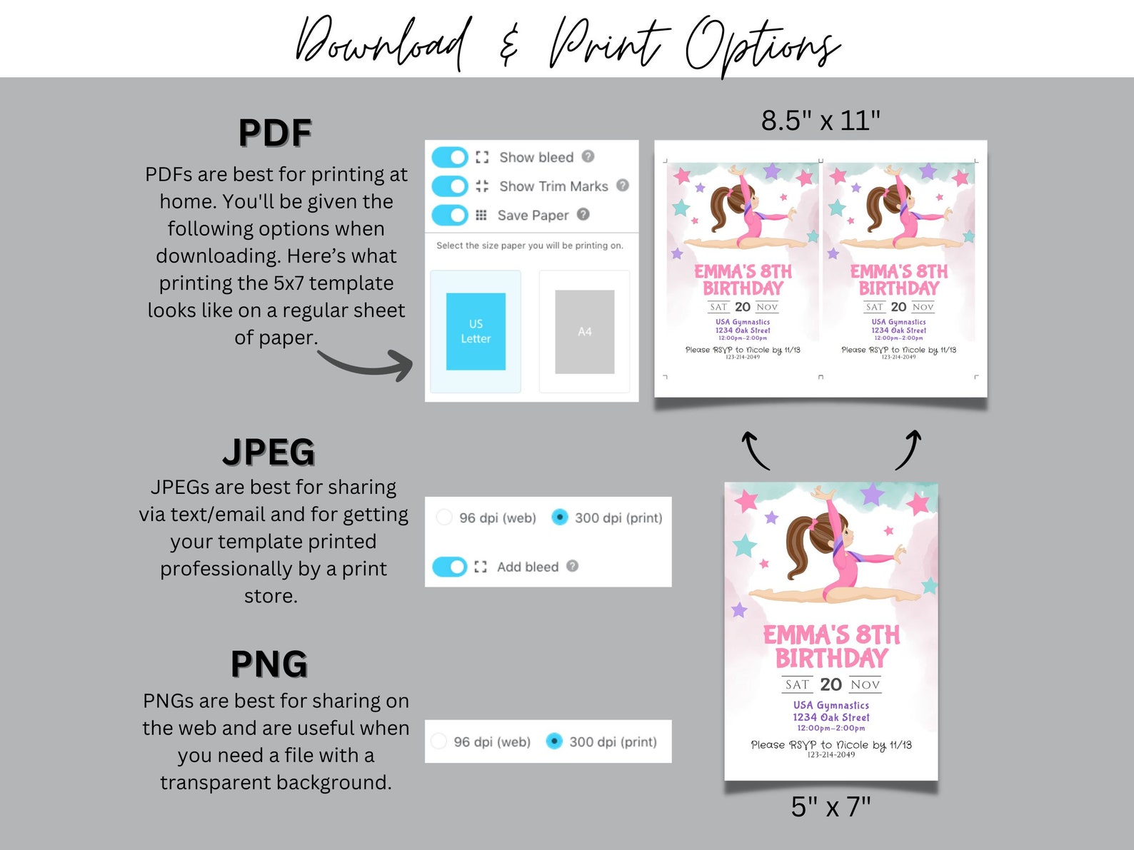 Girl Birthday Gymnastics Invitation Editable Gymnastics Birthday Party ...