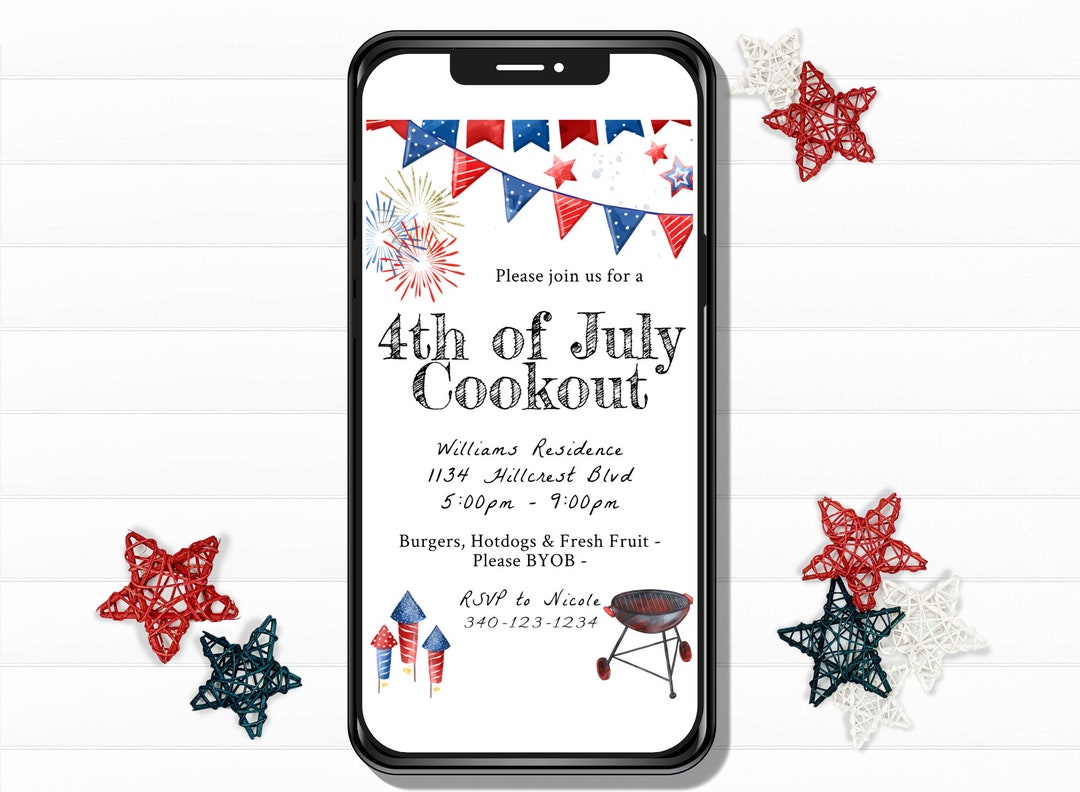 4th of July Cookout Invitation, Independence Day Party Invite, Happy ...