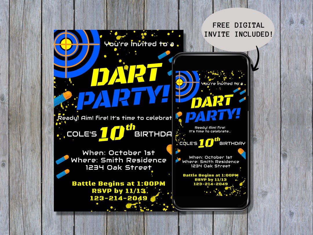 Dart Party Invitation Editable Birthday Invitation Party Dart Gun Party ...