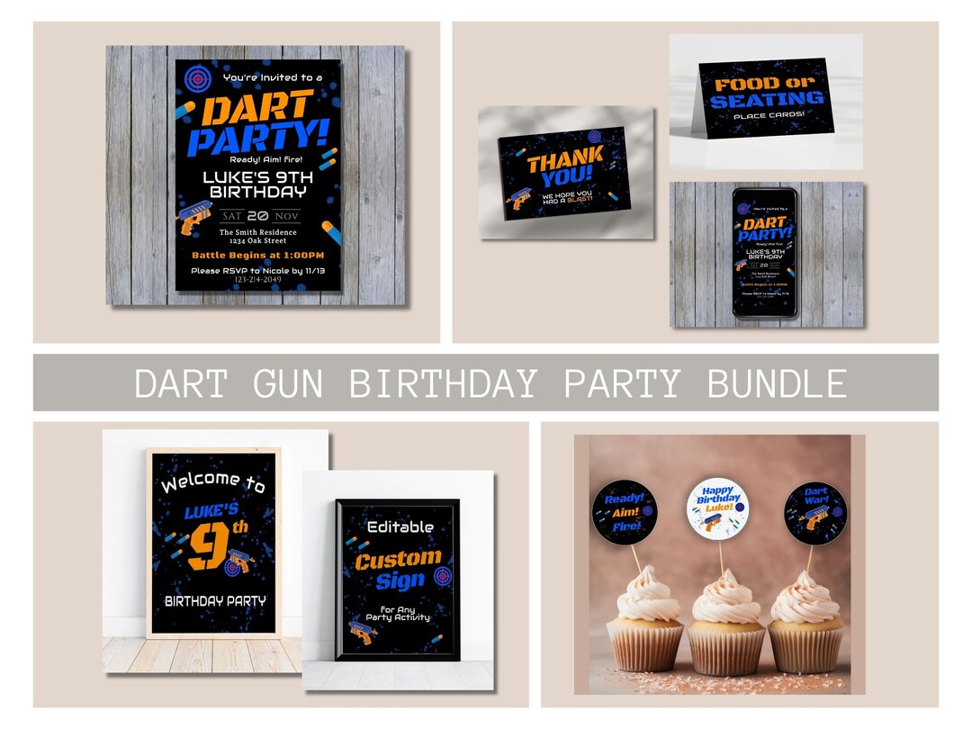 Dart Party Invitation Bundle Editable Birthday Invitation Dart Gun ...