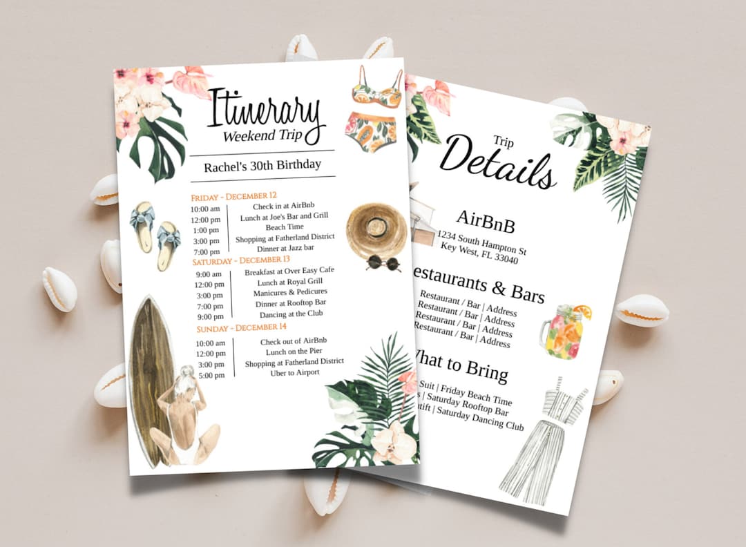 Itinerary Template Tropical, Itinerary Template Vacation, Palm Leaf ...