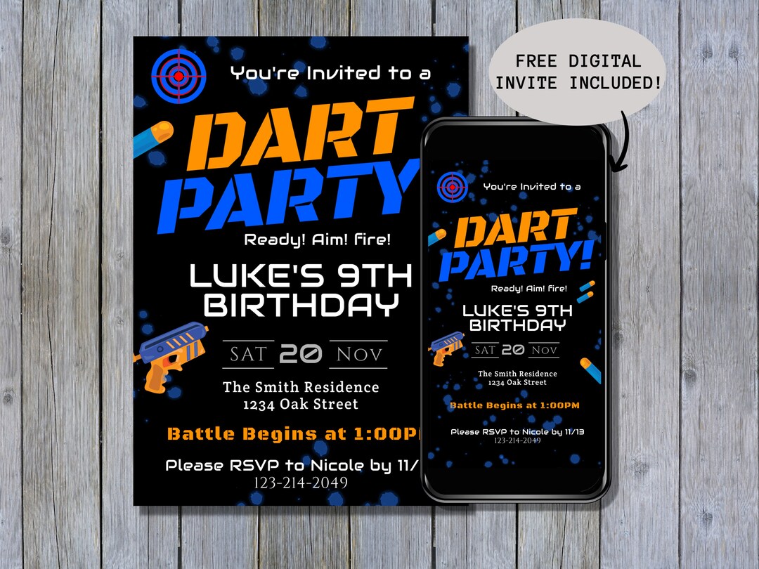 Dart Party Invitation Editable Birthday Invitation Party Dart Gun Party ...