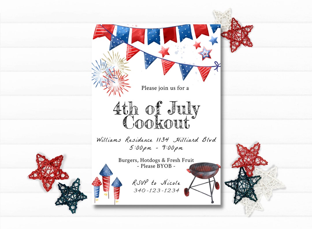 4th Ofjuly Cookout Invitation, Independence Day Party Invite, Happy 4th ...