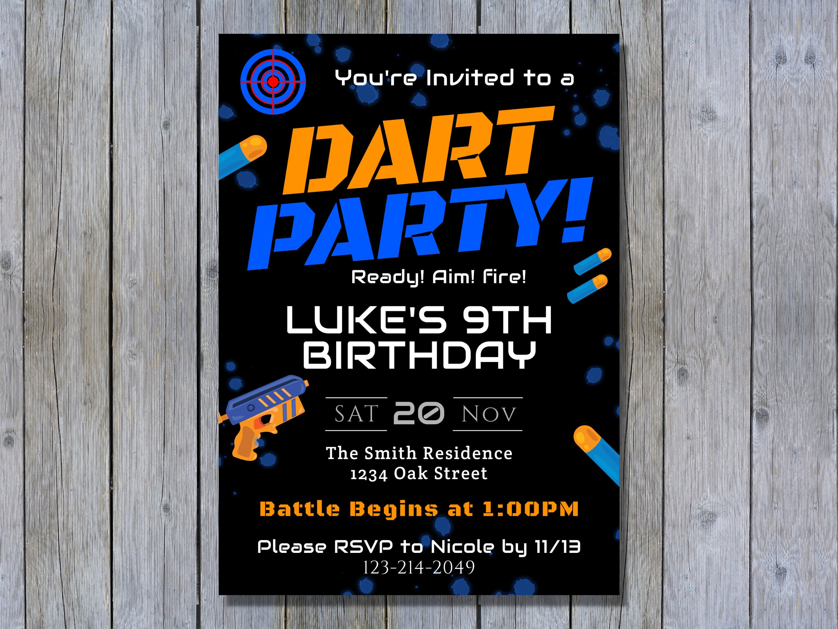 Dart Party Invitation Editable Birthday Invitation Party Dart Gun Party ...