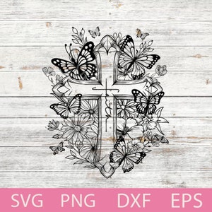 Faith Svg, Cross With Flowers and Butterflies, Floral Cross, Retro ...