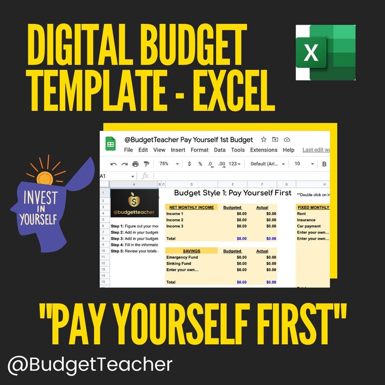 Digital Pay Yourself First Budget - Downloadable Excel Spreadsheet ...