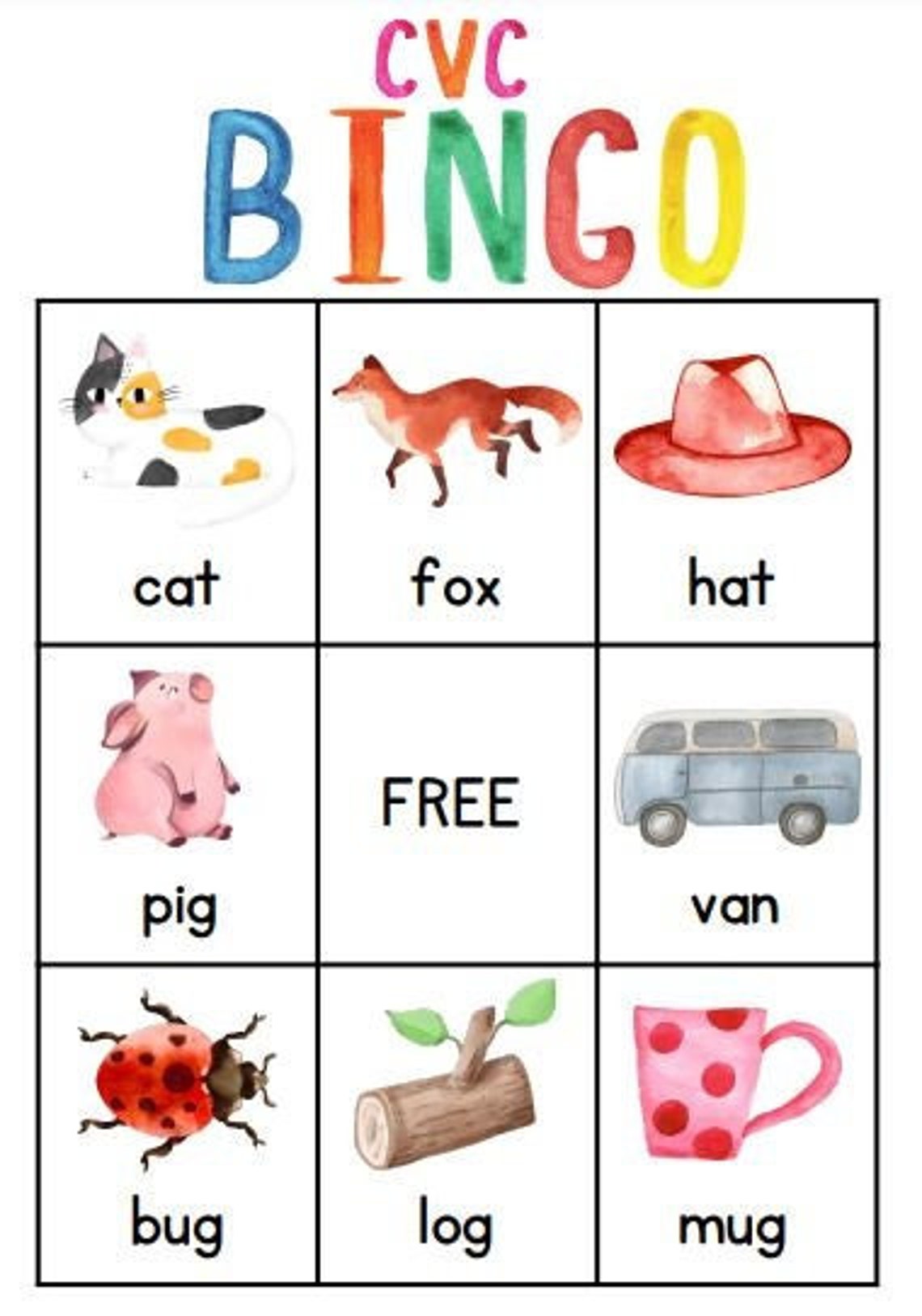 CVC Words Bingo, CVC Bingo, Printable Bingo Cards, Bingo Game Download ...