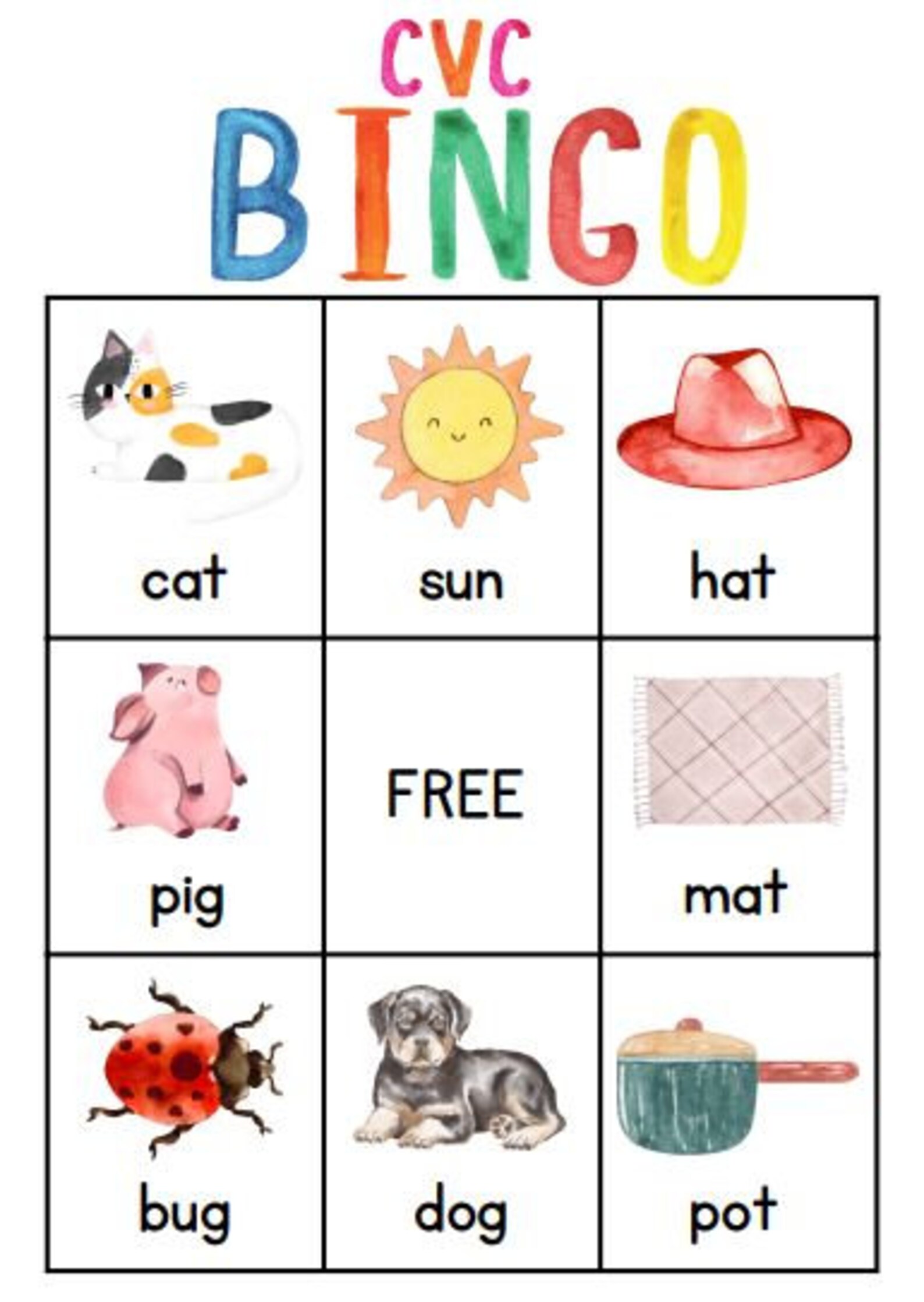 CVC Words Bingo, CVC Bingo, Printable Bingo Cards, Bingo Game Download ...