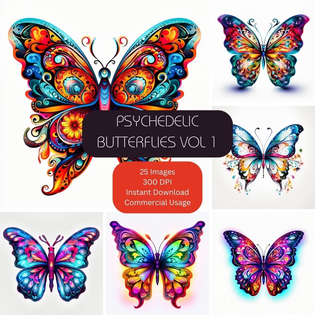 Psychedelic Butterflies Clip Art 25 PNG Images 300dpi Trippy Butterfly ...