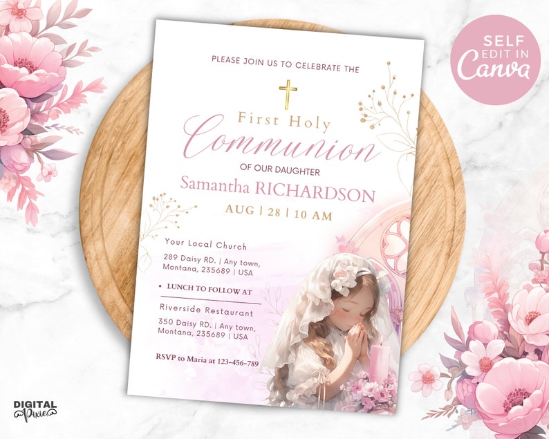 Editable First Holy Communion Party Invitation, Printable Girl's First ...