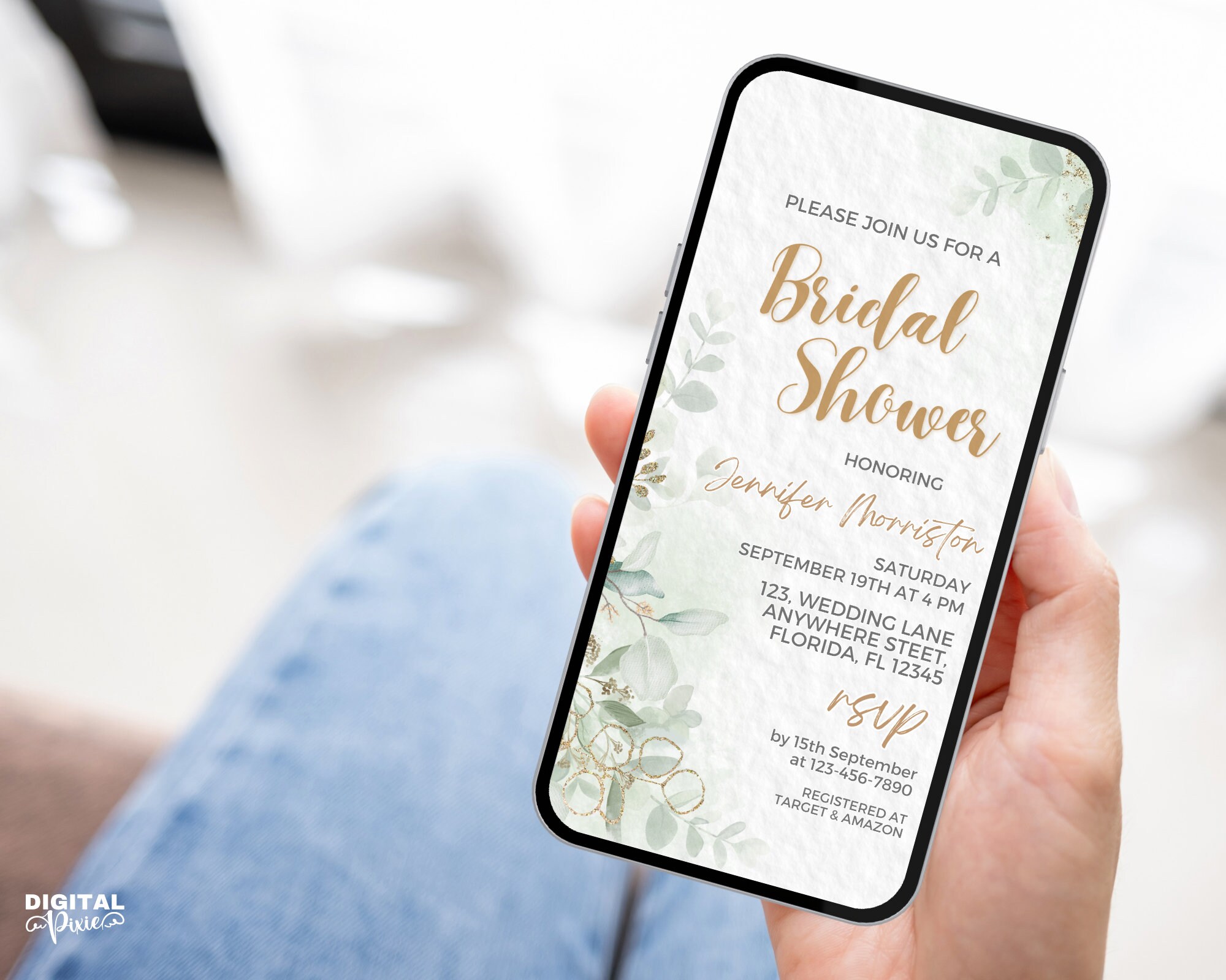 Digital Bridal Shower Invitation, Electronic Eucalyptus Bridal Shower ...