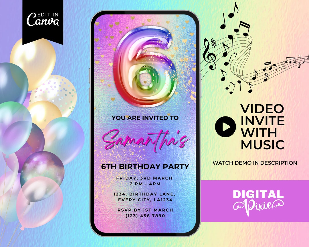 Digital Kids Birthday Party Invitation With Music - Iridescent 6th ...