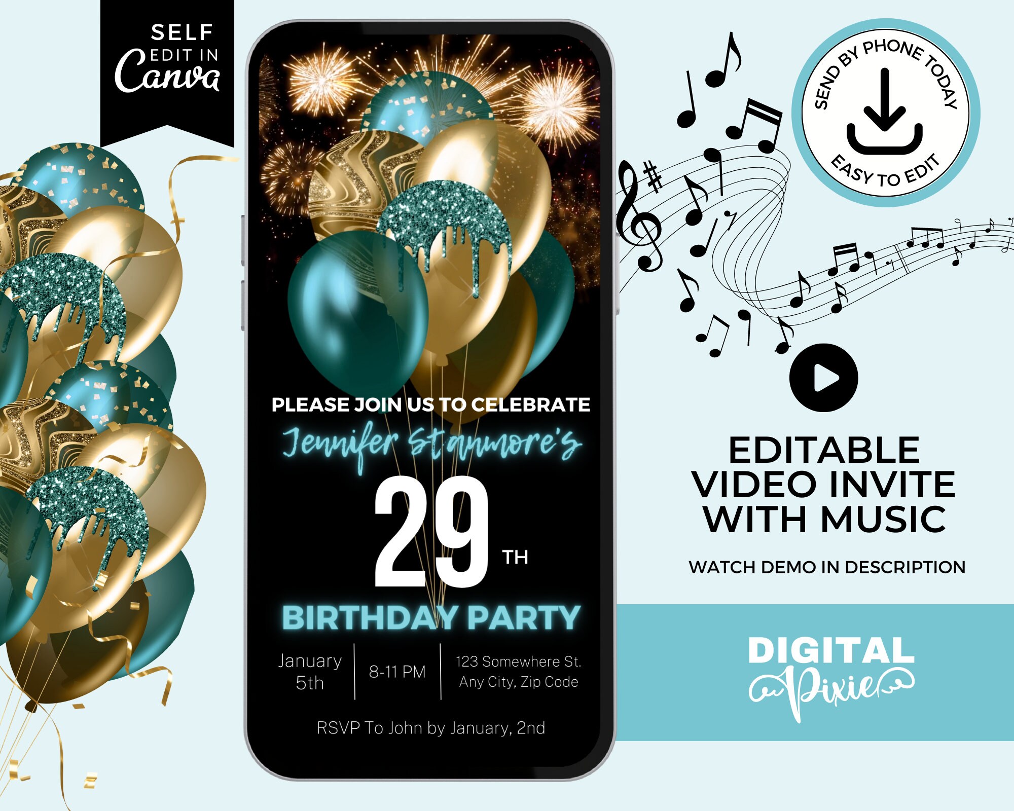Digital Birthday Party Invitation With Music, 29th Birthday Party ...