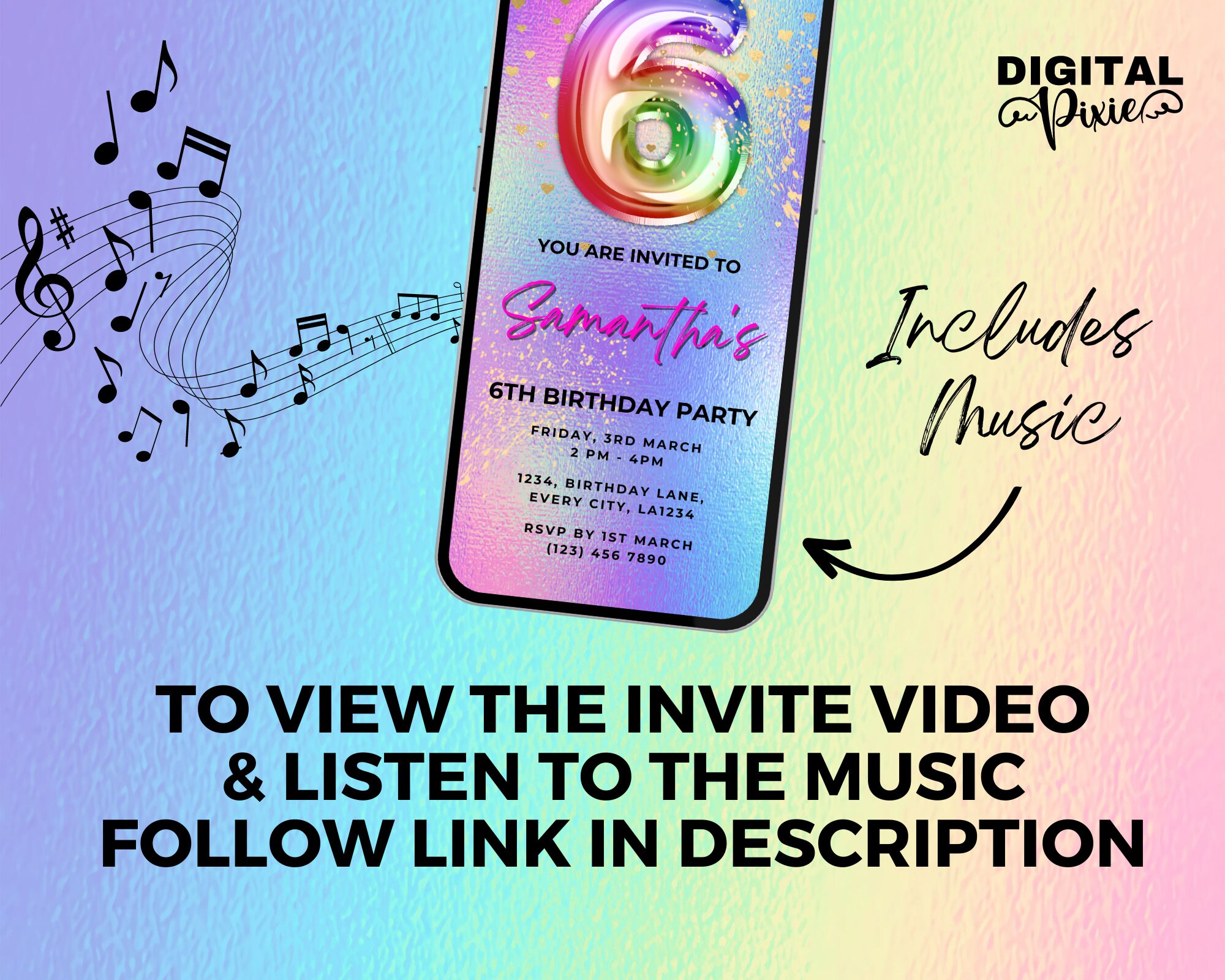 Digital Kids Birthday Party Invitation With Music Iridescent 6th ...