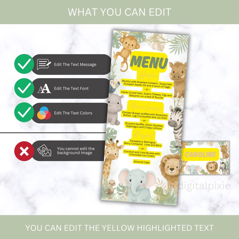 Editable Wild One 1st Birthday Menu Card, Safari Printable 4 X 9 ...