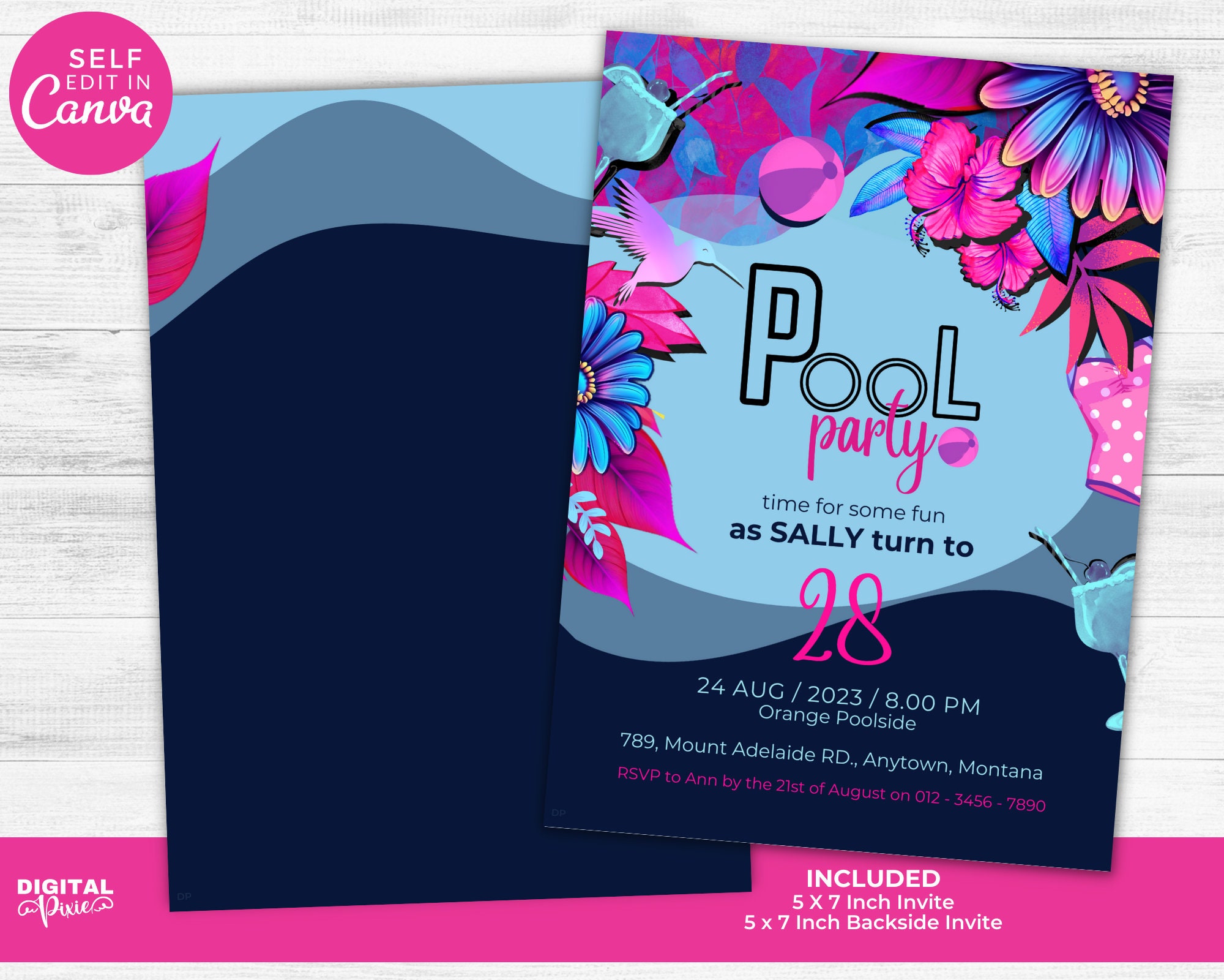 Printable Pool Party Invitation, Editable Birthday Party Invite, Blue ...
