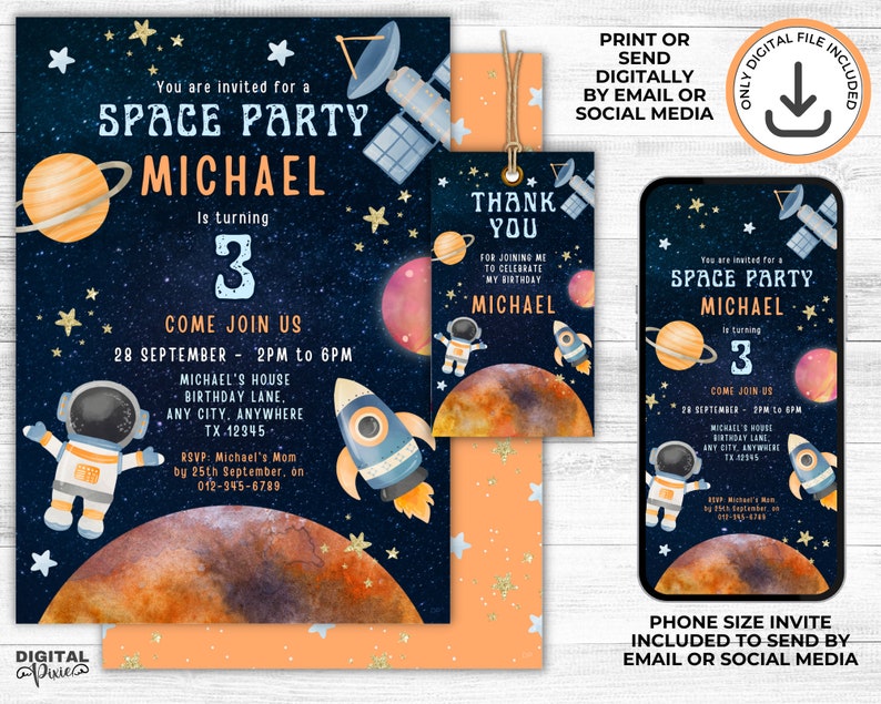 Editable Birthday Party Invitation Set, Printable Outer Space ...