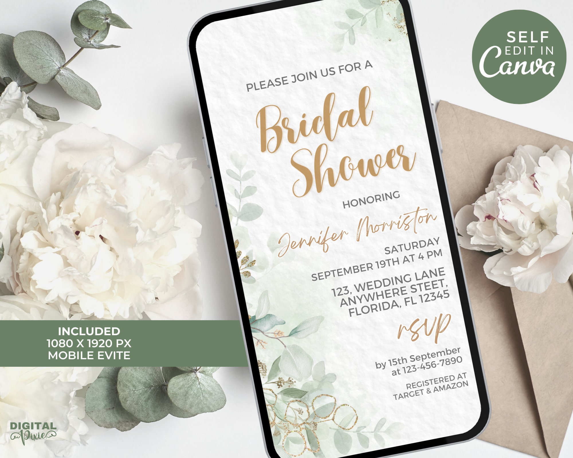 Digital Bridal Shower Invitation, Electronic Eucalyptus Bridal Shower ...
