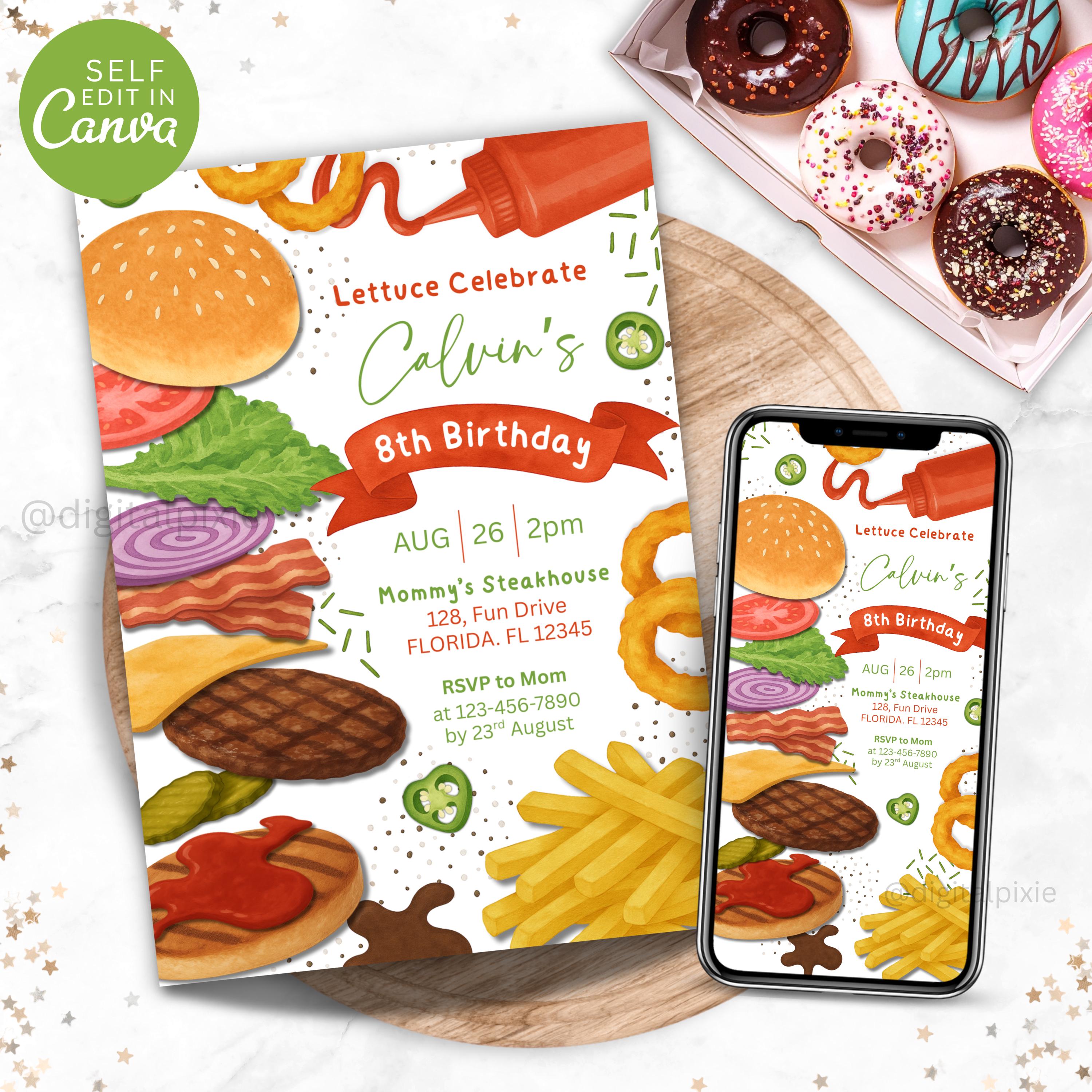 Editable Burger Birthday Party Invitation, Canva Template, Burger ...