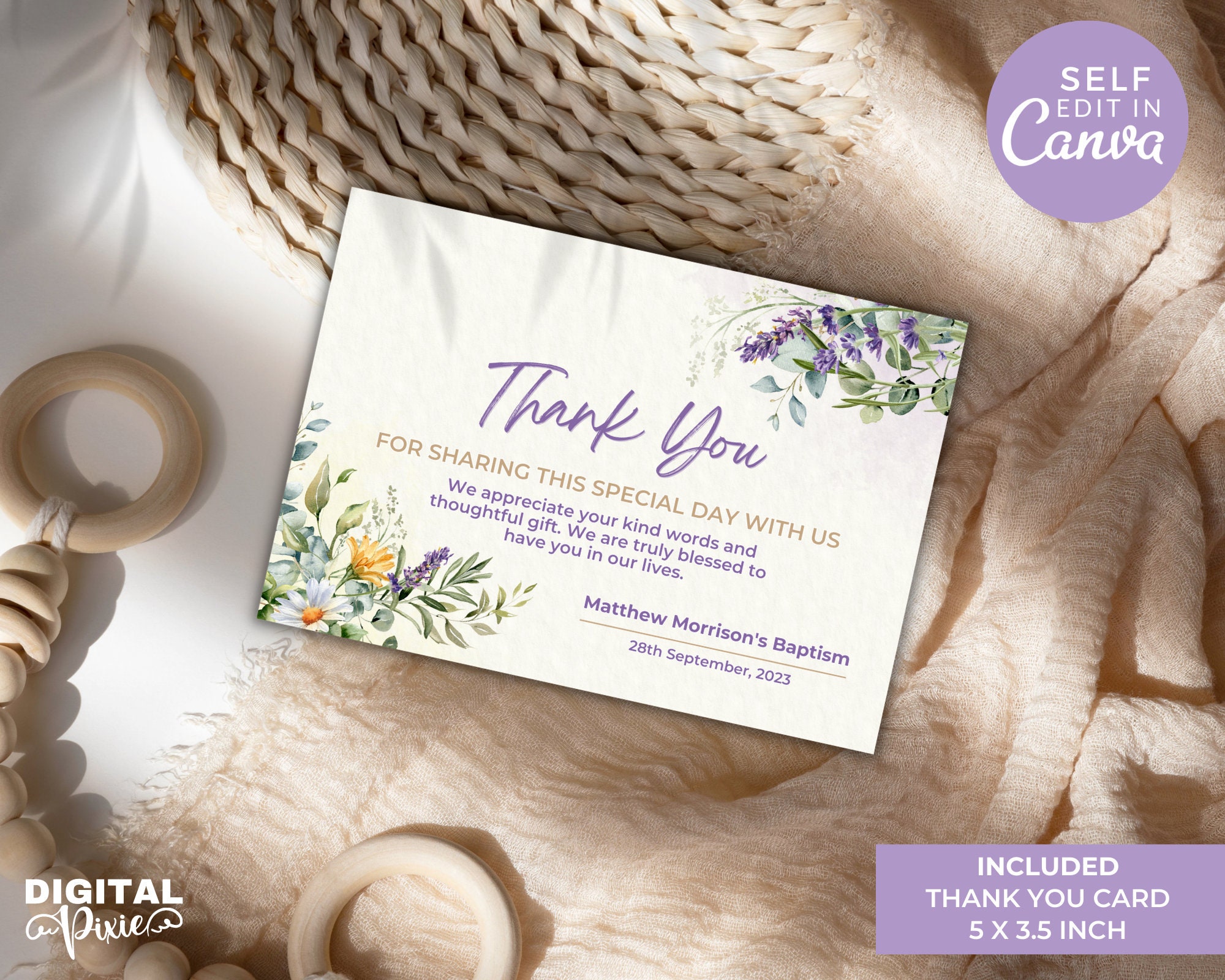 Editable Baptism Thank You Card, Printable Thank You Card, Wild Flowers ...