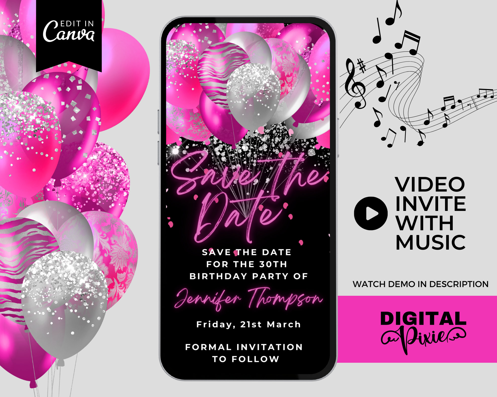 Video Birthday Invitation With Music - Pink Balloons Digital Birthday ...