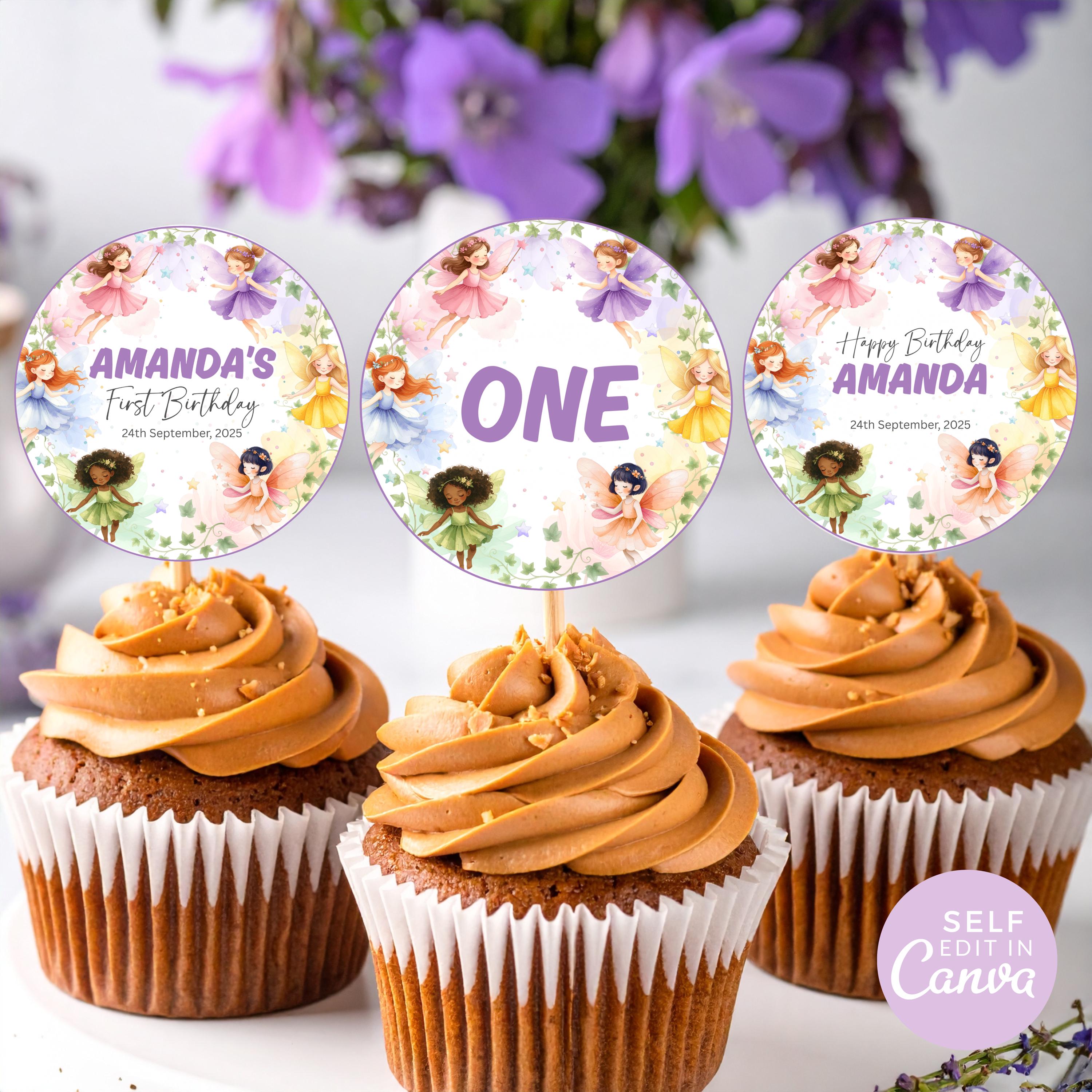 Editable Fairy First Cupcake Toppers, Editable Canva Template for First ...