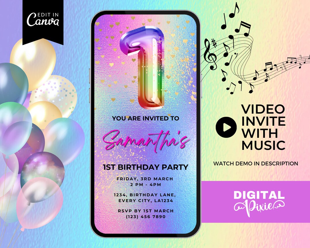 Digital Kids Birthday Party Invitation With Music - Iridescent 1st ...