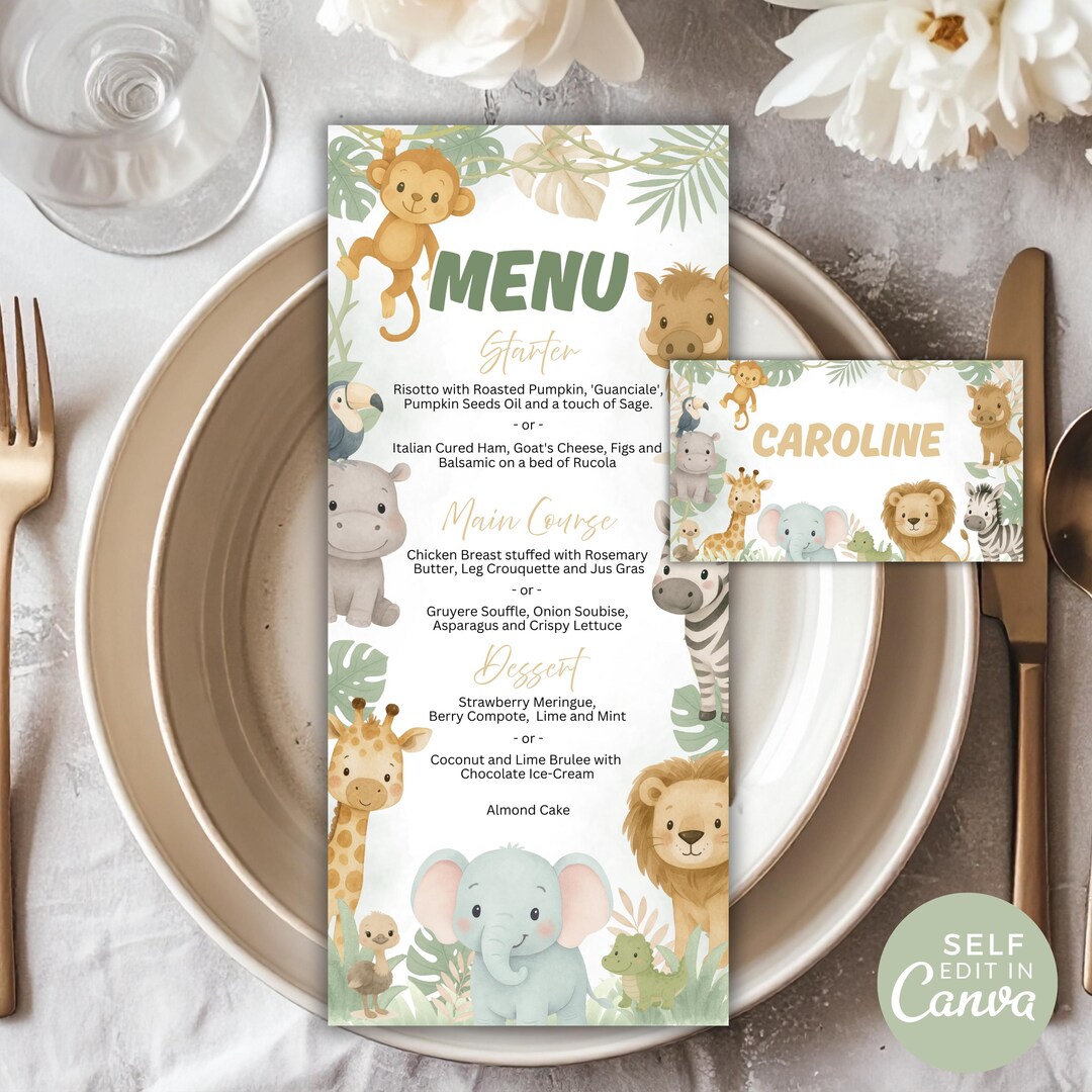Editable Wild One 1st Birthday Menu Card, Safari Printable 4 X 9 ...