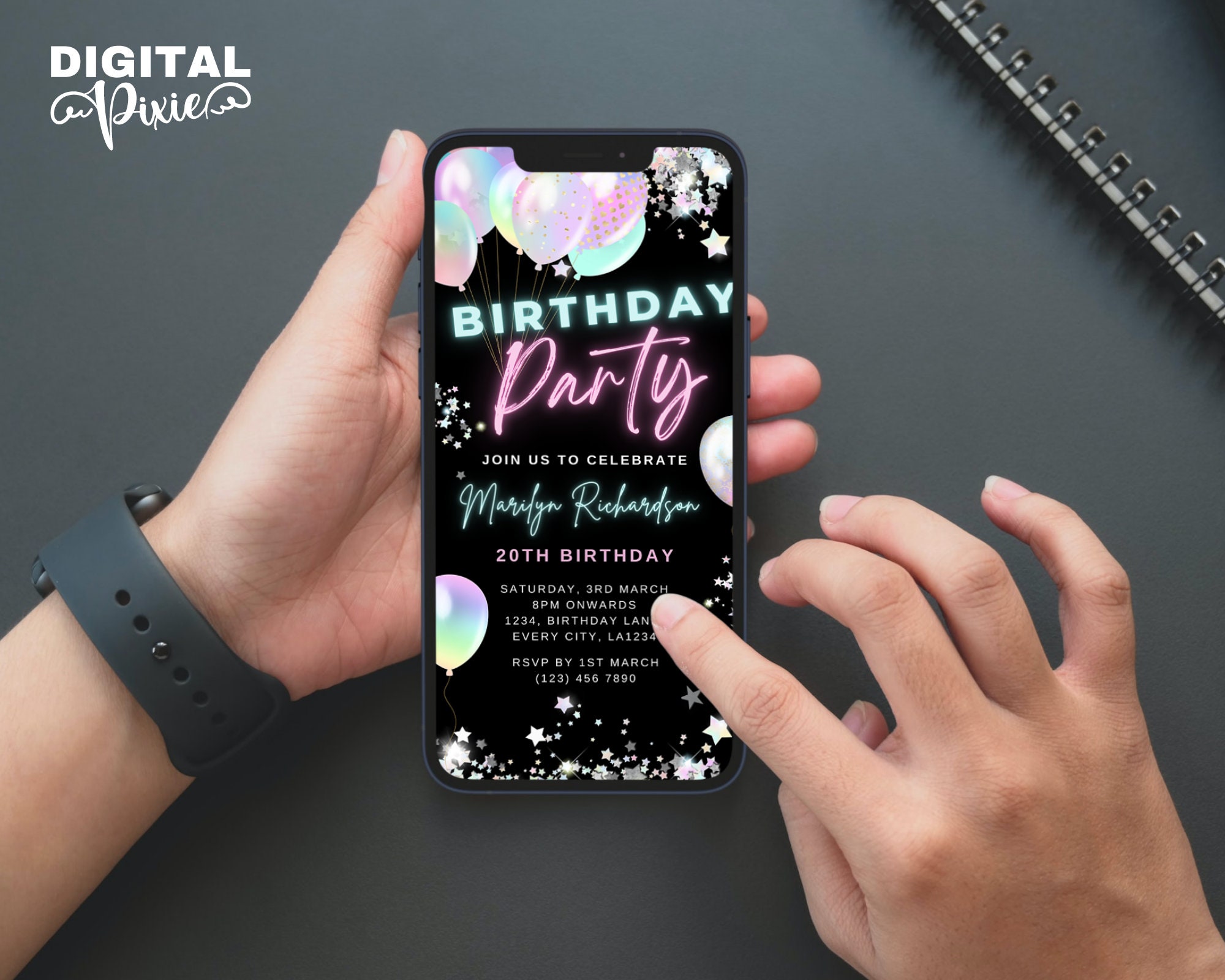 Editable Holographic Birthday Invitation, Digital Female Party Evite ...
