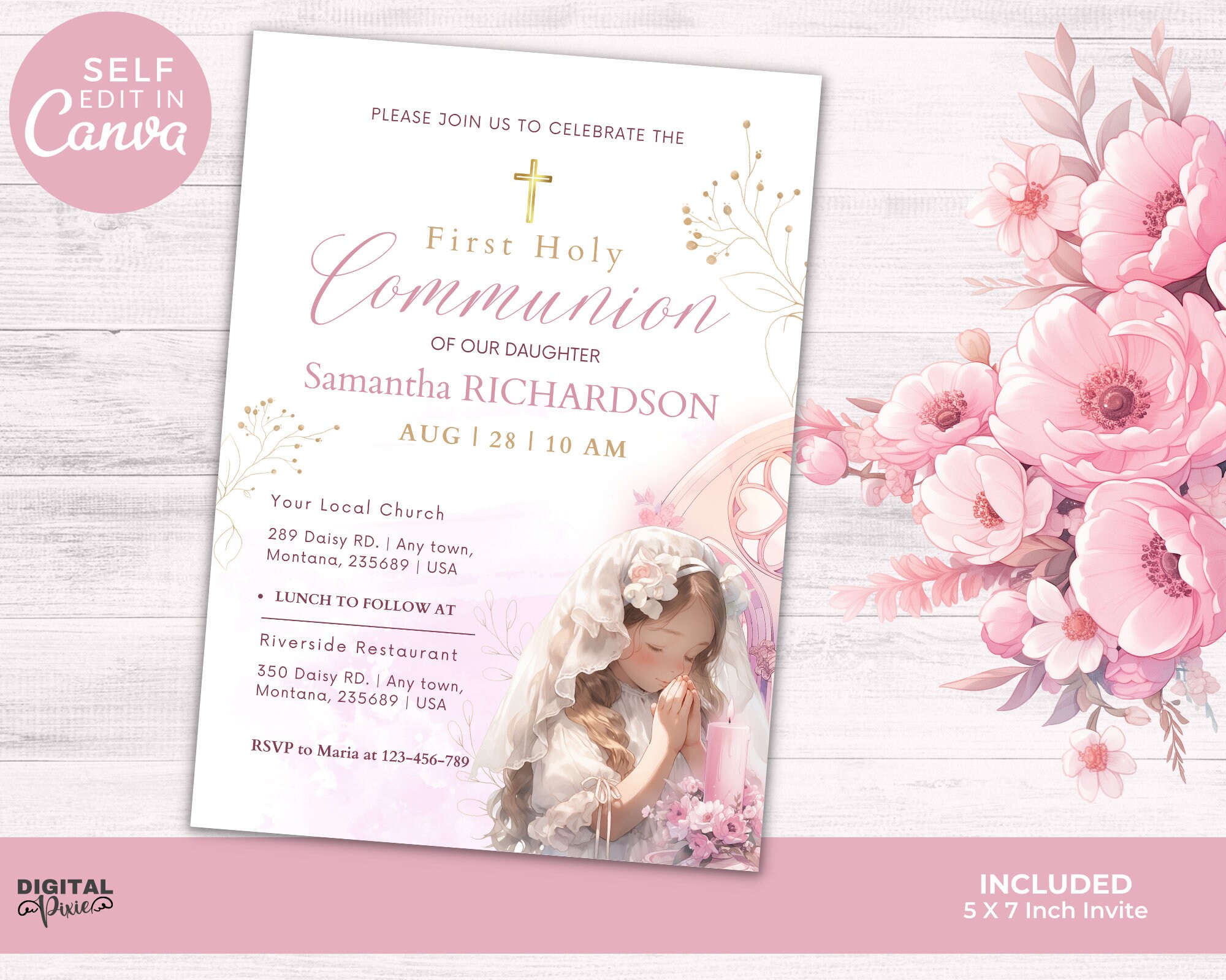 Editable First Holy Communion Party Invitation, Printable Girl's First ...