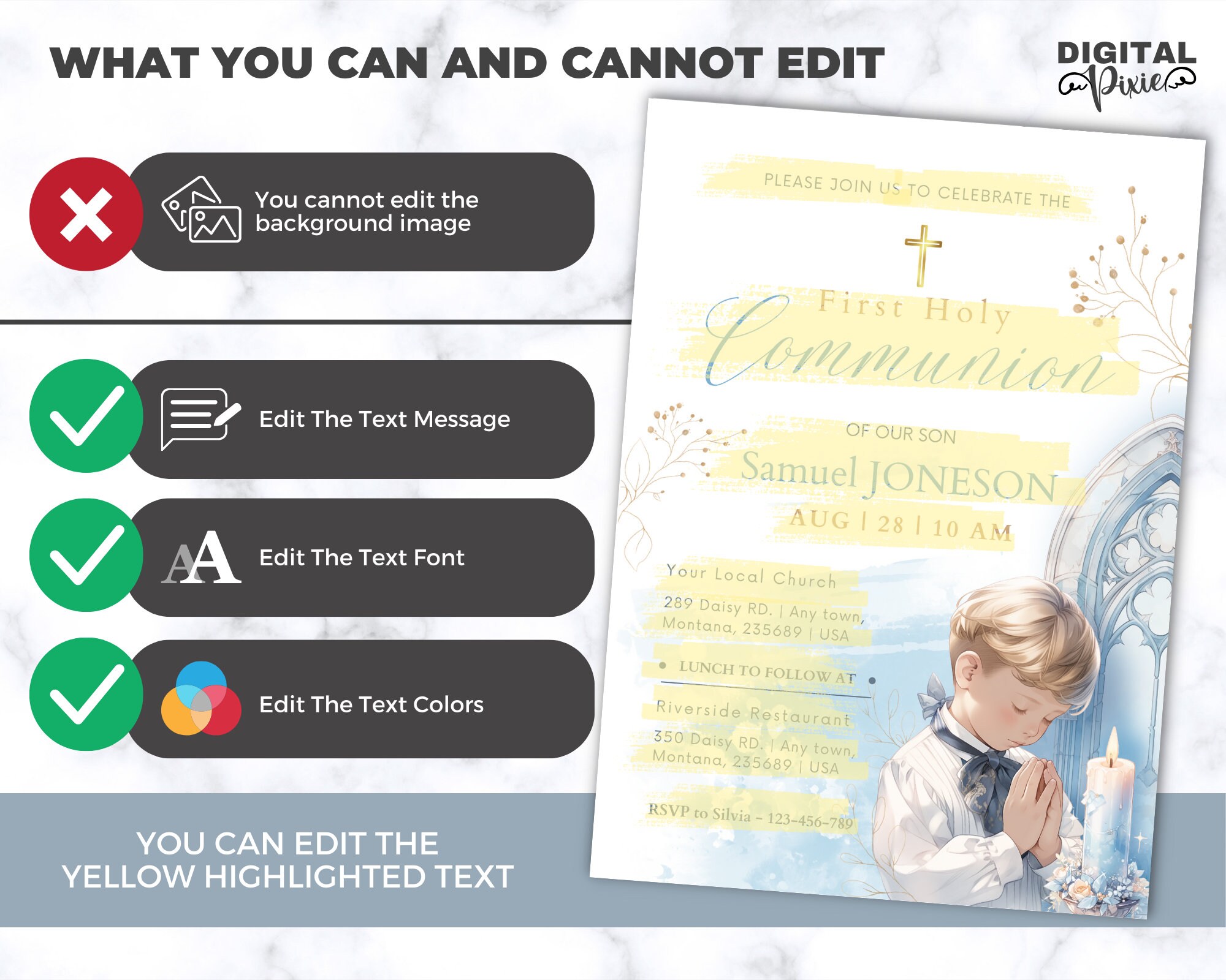 Editable First Holy Communion Party Invitation, Printable Boy's First ...