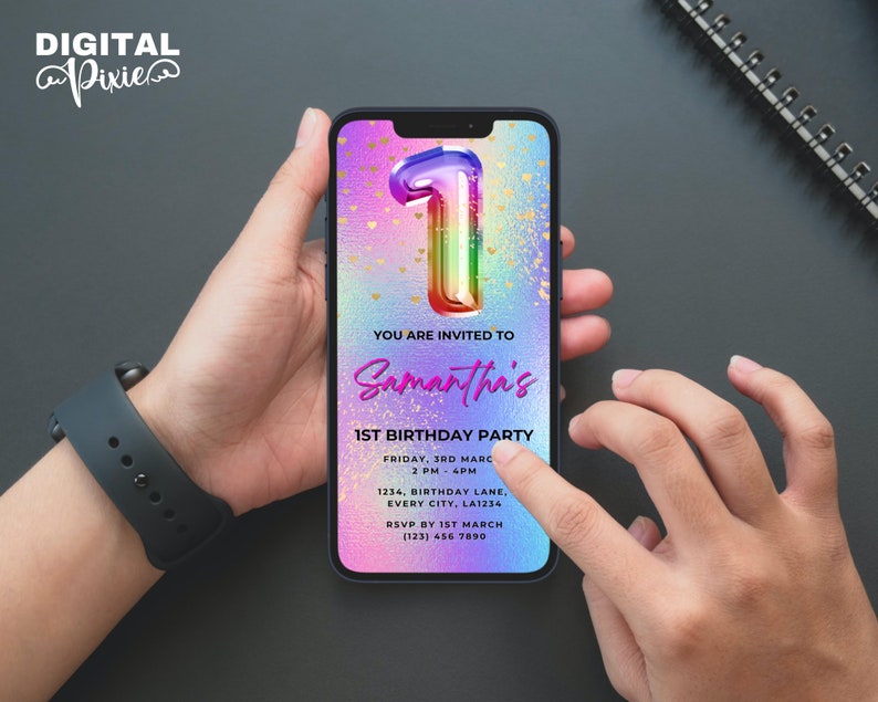 Digital Kids Birthday Party Invitation With Music - Iridescent 1st ...