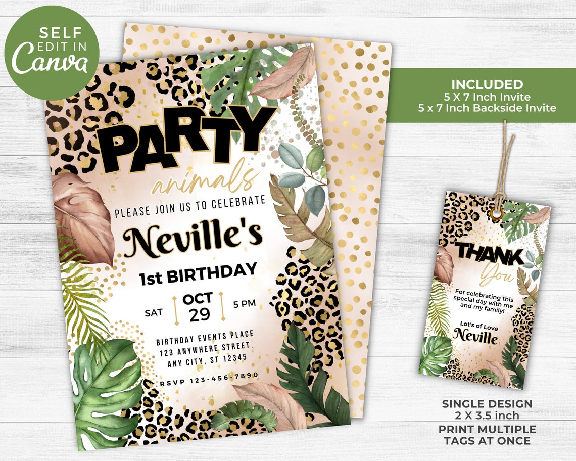Editable Leopard Birthday Party Invitation Set, Printable Jungle ...