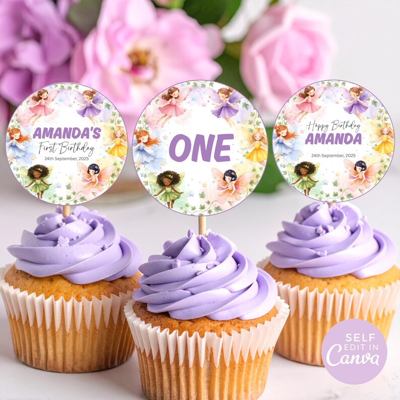 Editable Fairy First Cupcake Toppers, Editable Canva Template for First ...