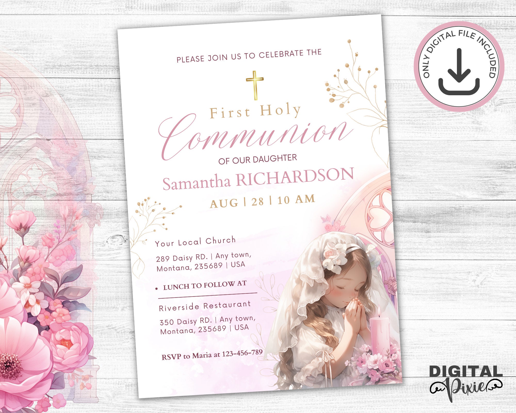 Editable First Holy Communion Party Invitation, Printable Girl's First ...