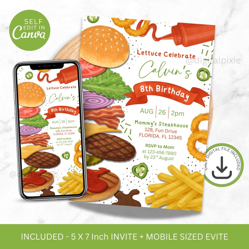 Editable Burger Birthday Party Invitation, Canva Template, Burger ...