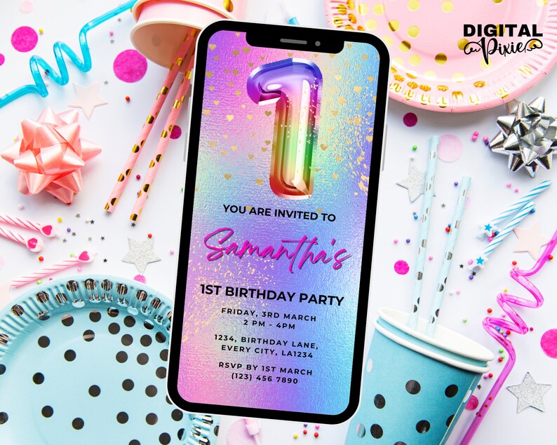Digital Kids Birthday Party Invitation With Music - Iridescent 1st ...