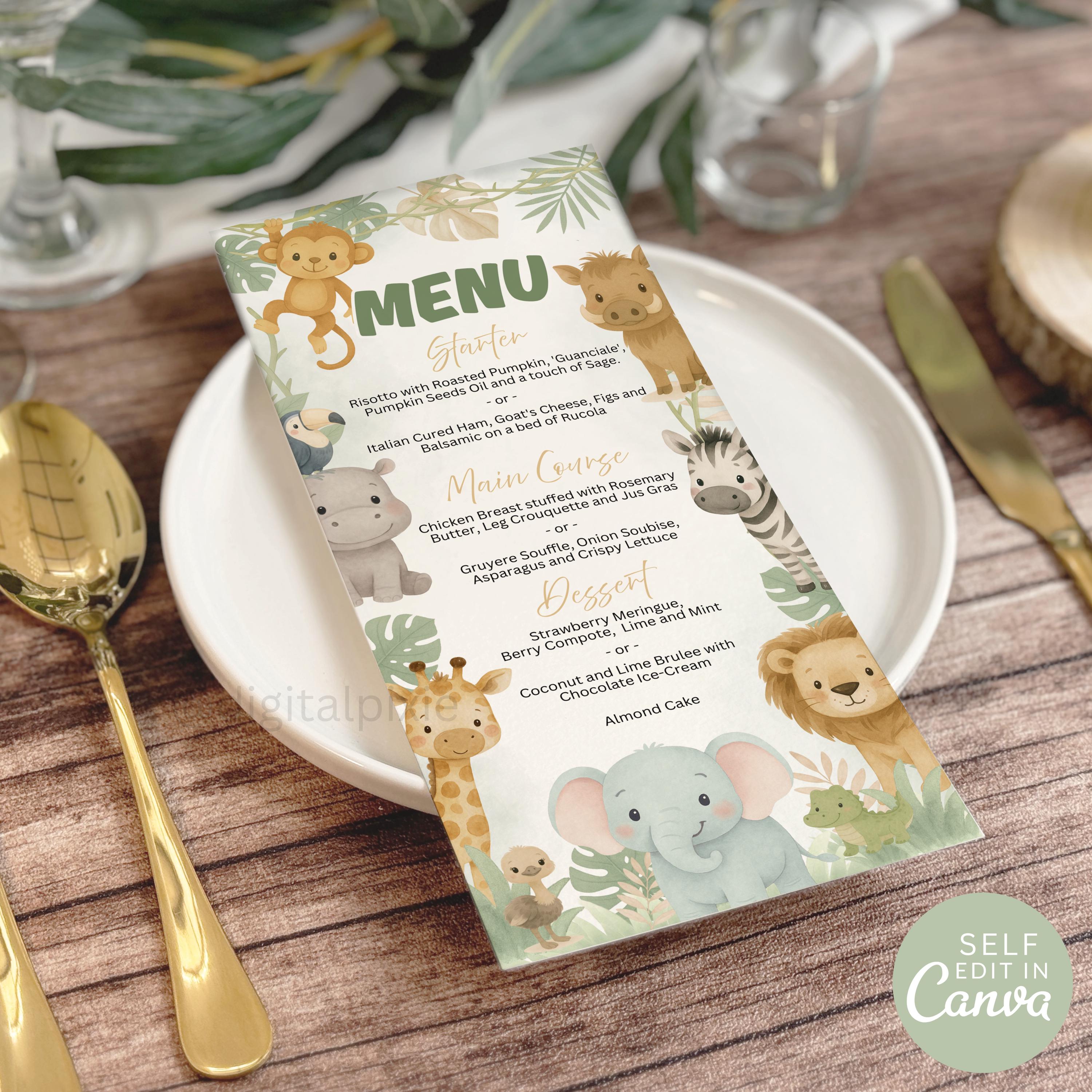 Editable Wild One 1st Birthday Menu Card, Safari Printable 4 X 9 ...