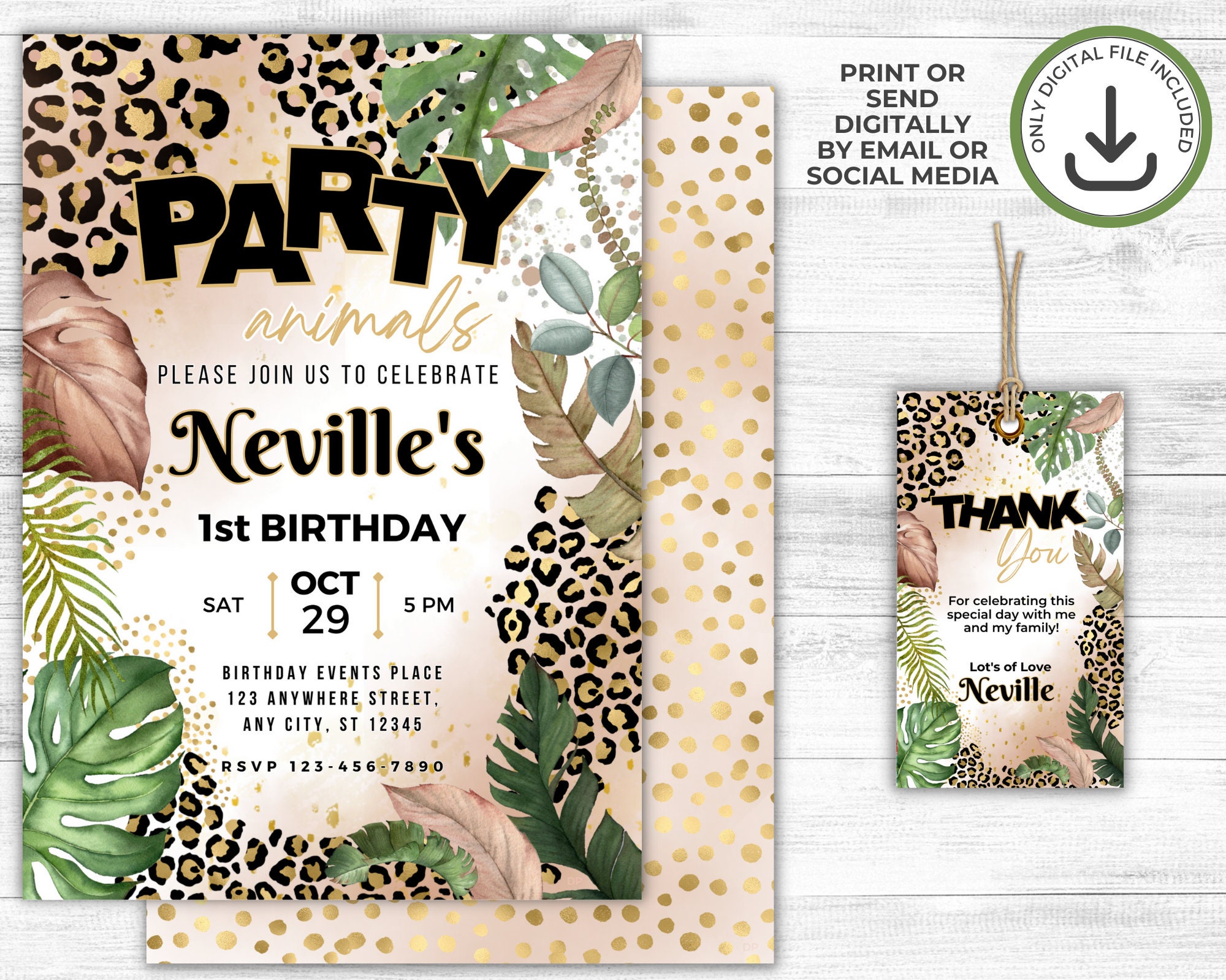 Editable Leopard Birthday Party Invitation Set, Printable Jungle ...
