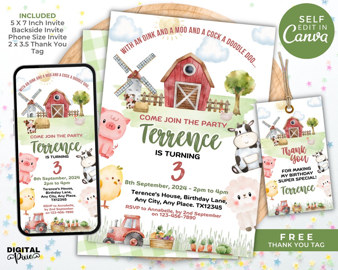 Editable Birthday Party Invitation Set, Printable Farm Birthday Invite ...