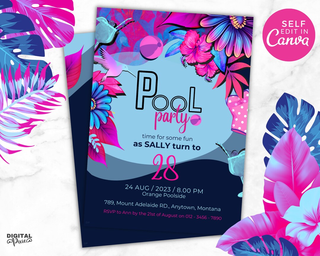 Editable Pool Party Birthday Invitation, Neon Blue Pink Printable Party ...