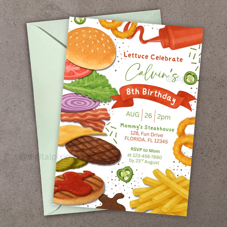Editable Burger Birthday Party Invitation, Canva Template, Burger ...