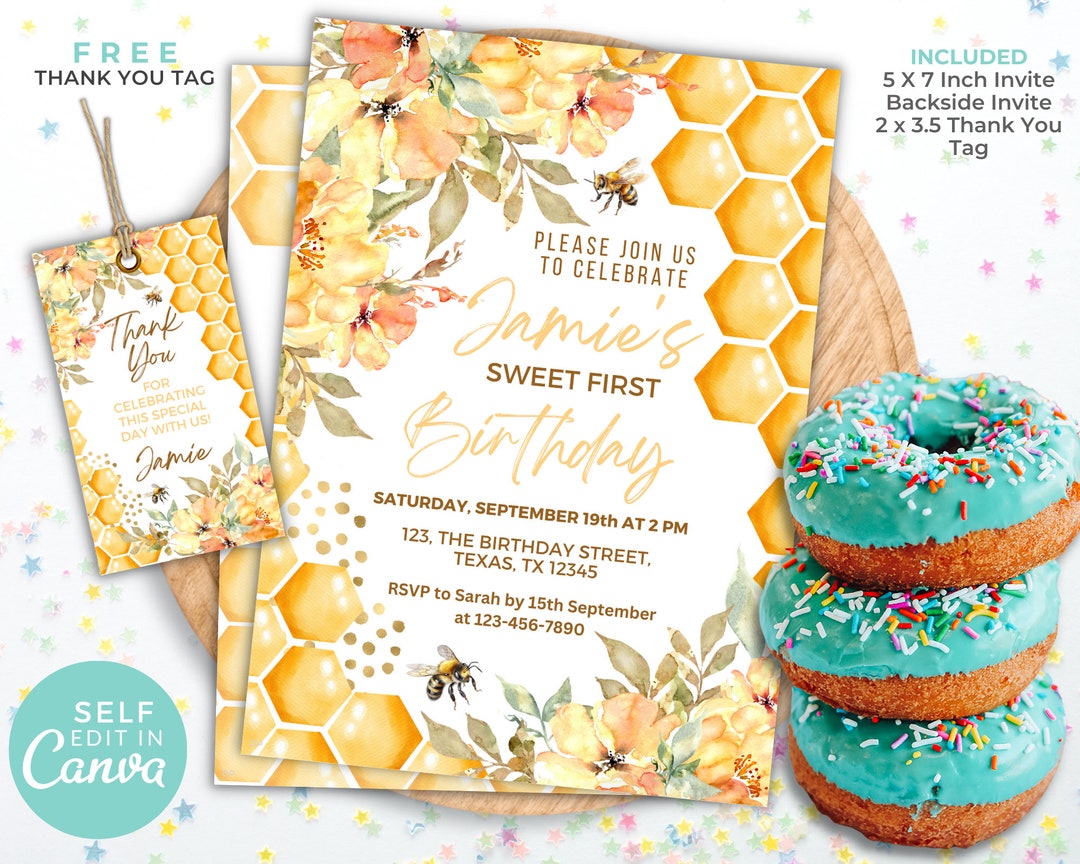 Editable Honey Bee Birthday Party Invitation Set, Printable Birthday ...