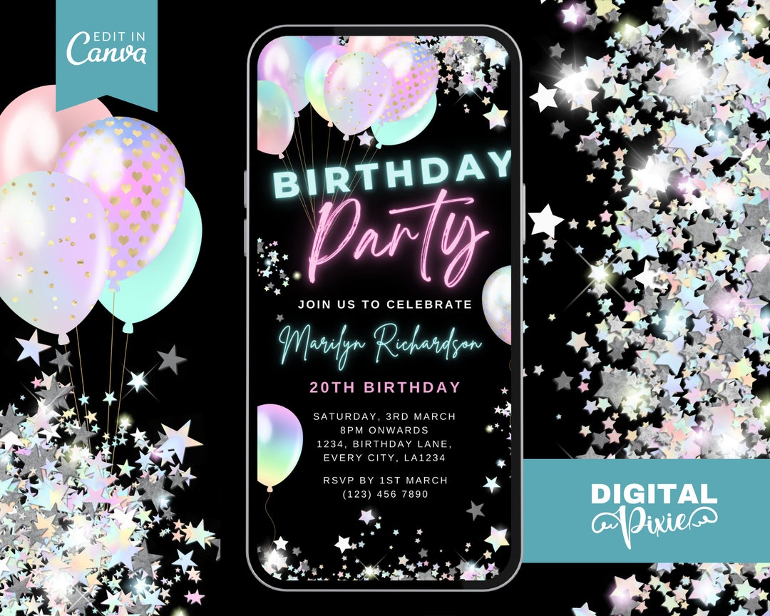 Editable Holographic Birthday Invitation, Digital Female Party Evite ...