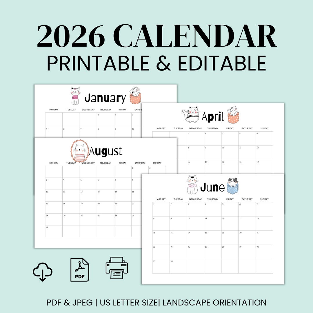 2026 Editable PDF, Printable Cute Cat Calendar, Monthly Calendars ...