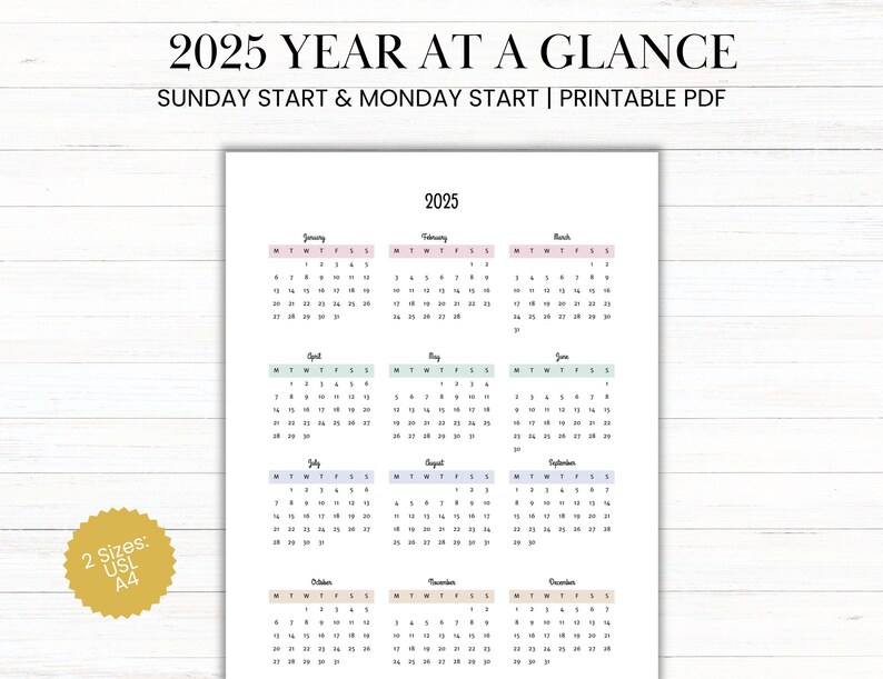 Year at a Glance Calendar Printable, 2025 Yearly Planner, Printable PDF ...