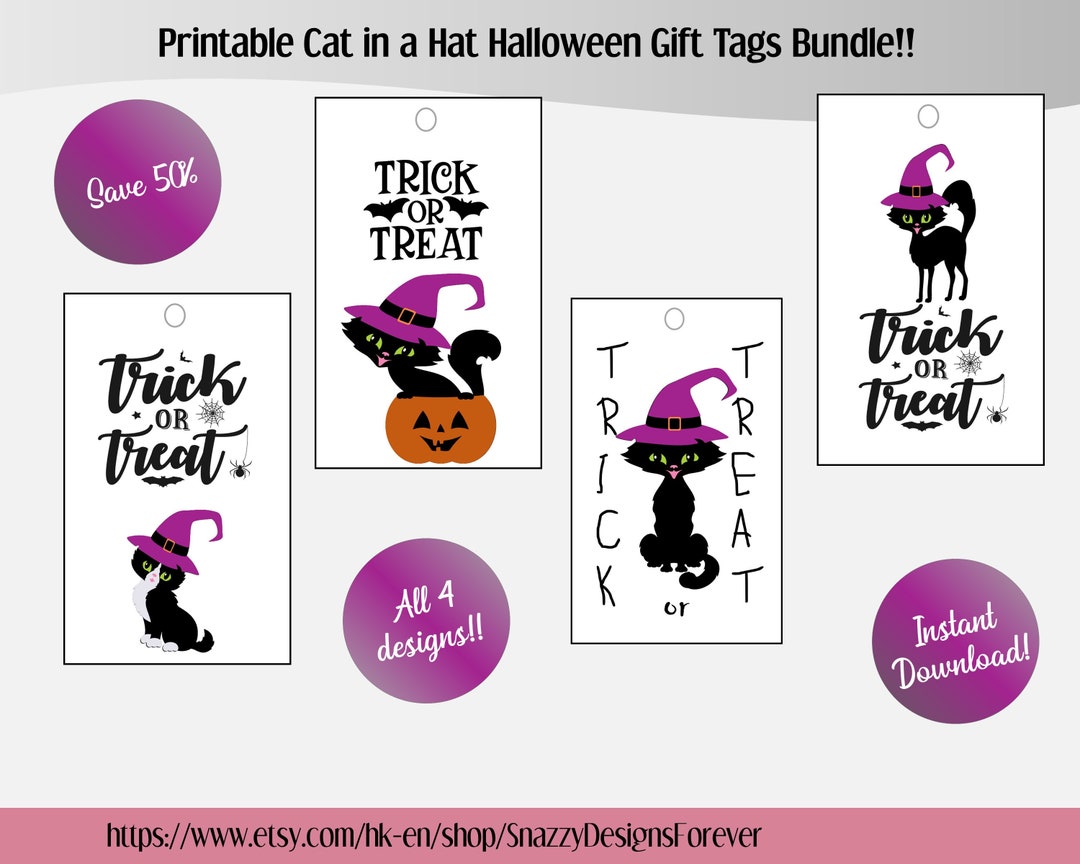 Printable Halloween Cat Gift Tags: Trick or Treat Party Favors (PDF) - Etsy