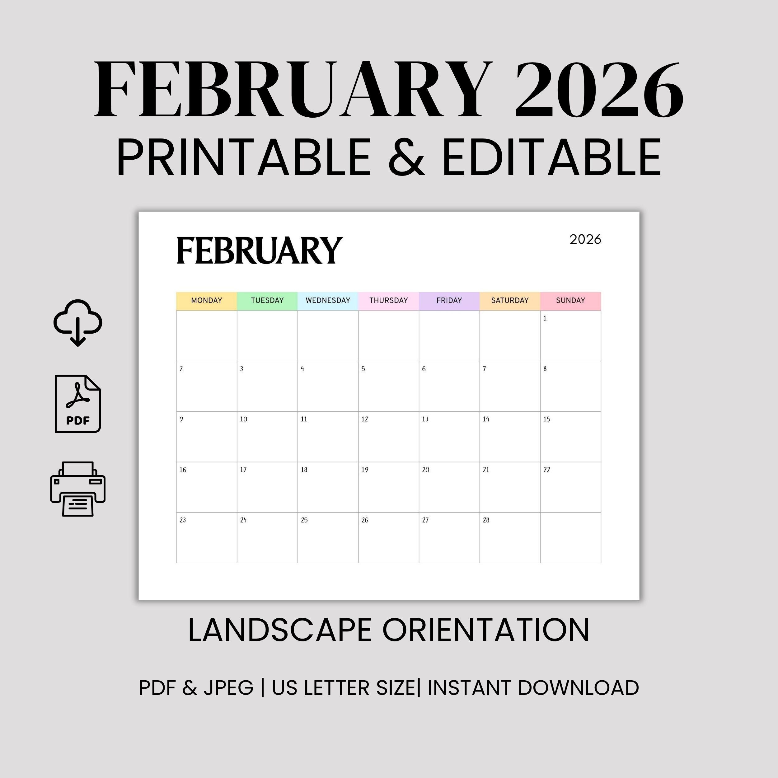 2026 February Rainbow Calendar, Editable Printable (PDF & JPEG) - Etsy