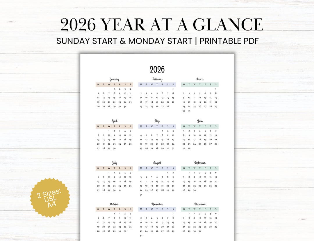 2026 Year at A Glance Calendar, Printable PDF, A4 & US Letter - Etsy