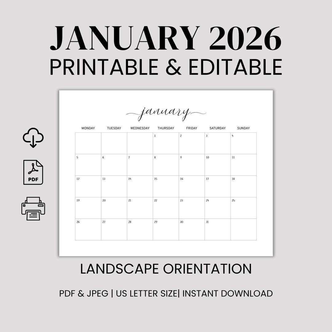 2026 January Calendar, Editable PDF Calendar, Printable Elegant Monthly ...